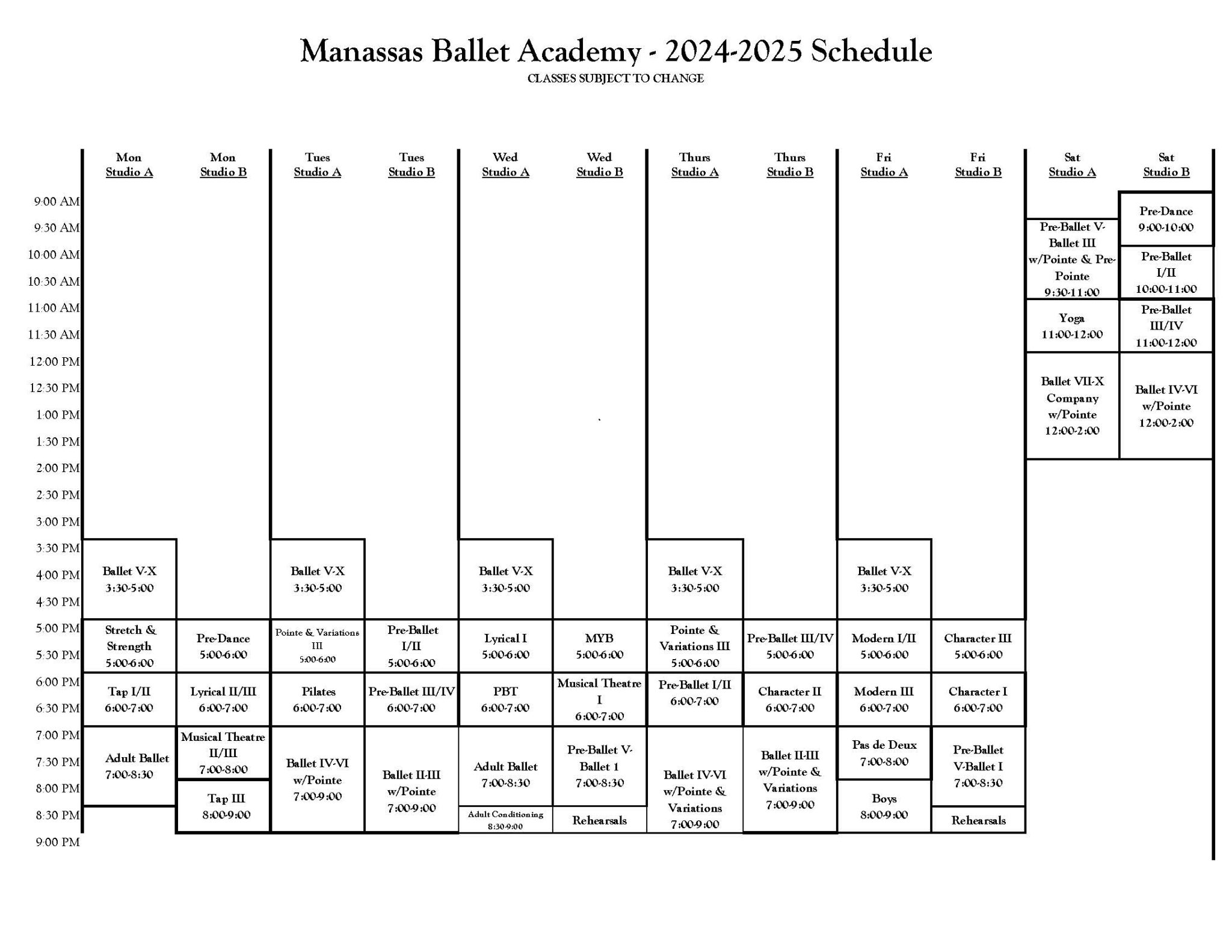 Updated MBA Schedule 2024-2025 6.27.24 - Manassas Ballet Theatre